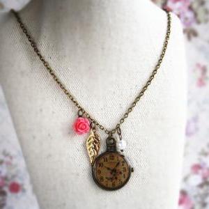Vintage Clock Necklace Retro Rose Charm Jewellery Shabby Chic Old Time ...