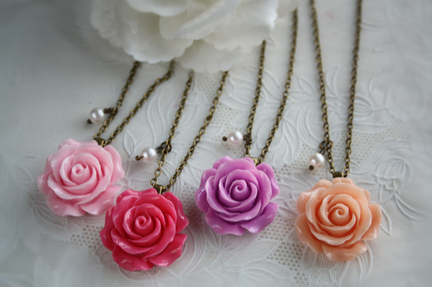 Rose Necklace, Fuchsia Pink Vintage Flower Charm Bronze Chain Accessory ...
