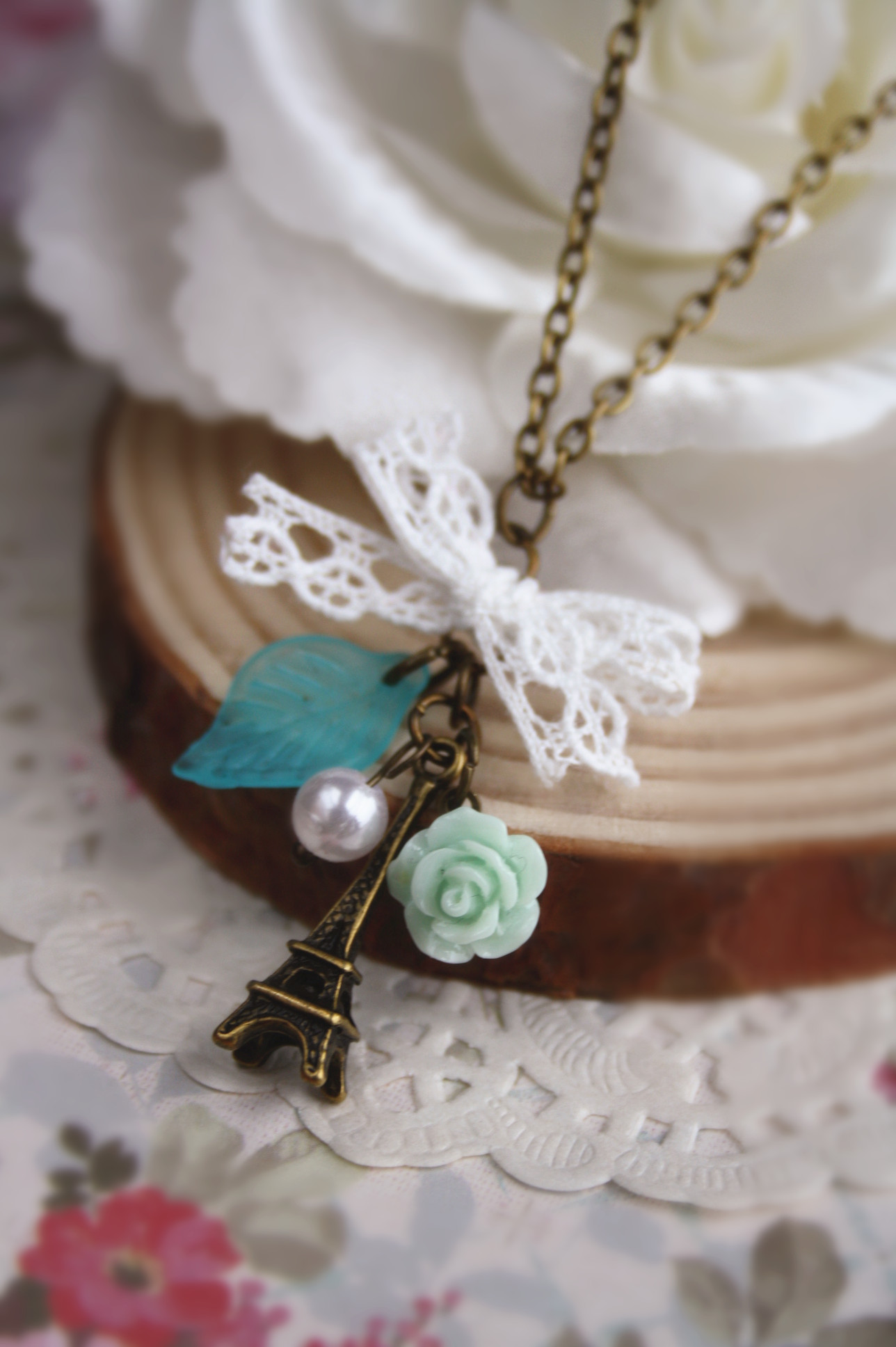 Love Paris Eiffel Tower Retro Rose Pendant Necklace Cute Lace Bow ...